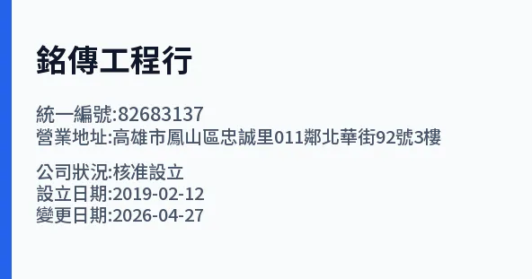 銘傳工程行的照片-統編 82683137(高雄市) 公司登記資料與營業項目詳細圖表