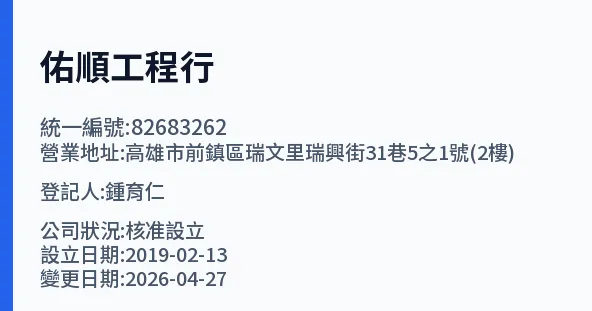 佑順工程行的照片-統編 82683262(高雄市) 公司登記資料與營業項目詳細圖表