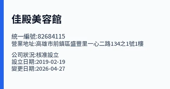 佳殿美容館的照片-統編 82684115(高雄市) 公司登記資料與營業項目詳細圖表