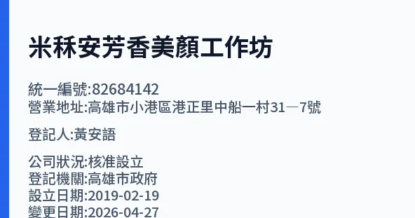 米秝安芳香美顏工作坊的照片-統編 82684142(高雄市) 公司登記資料與營業項目詳細圖表