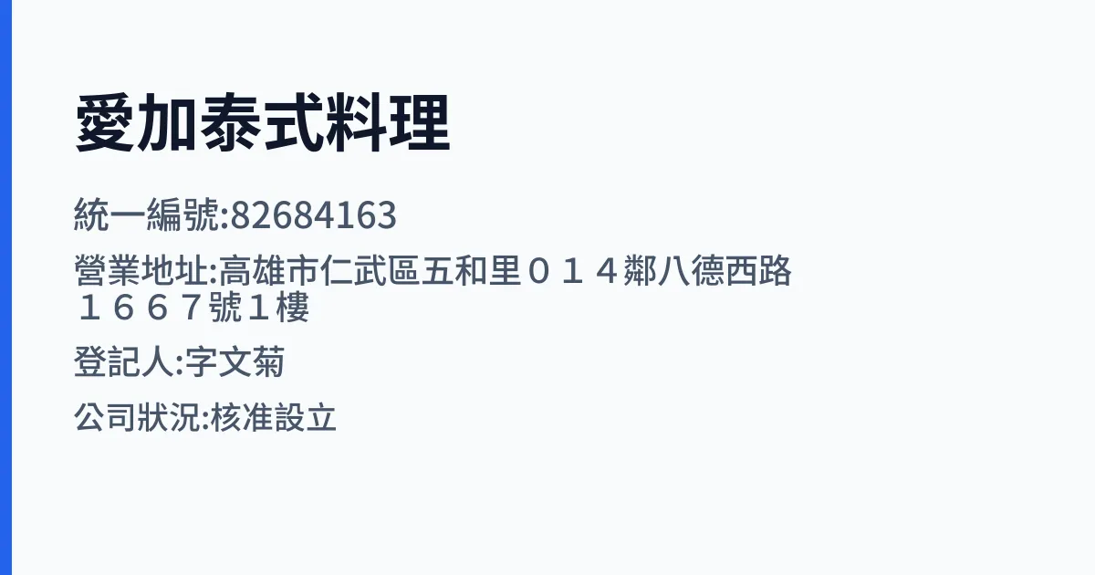 愛加泰式料理 - 統編 82684163(高雄市) 公司登記資料與營業項目詳細圖表