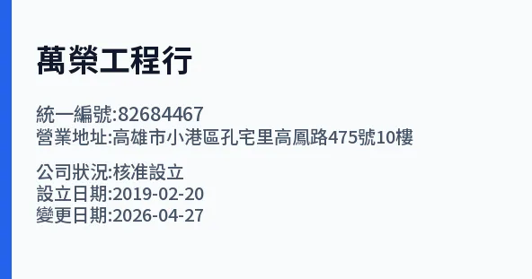 萬榮工程行的照片-統編 82684467(高雄市) 公司登記資料與營業項目詳細圖表