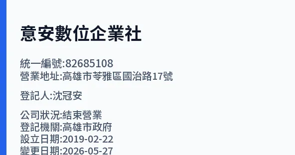 意安數位企業社的照片-統編 82685108(高雄市) 公司登記資料與營業項目詳細圖表
