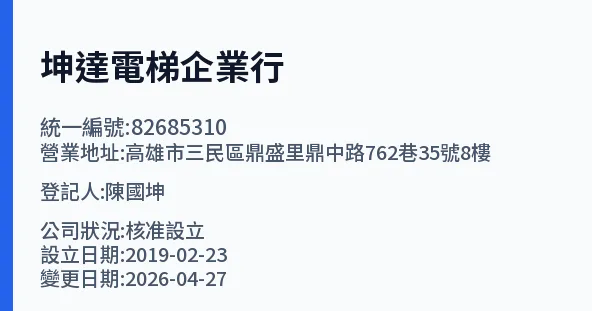 坤達電梯企業行的照片-統編 82685310(高雄市) 公司登記資料與營業項目詳細圖表