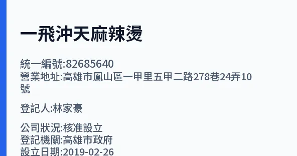 一飛沖天麻辣燙的照片-統編 82685640(高雄市) 公司登記資料與營業項目詳細圖表