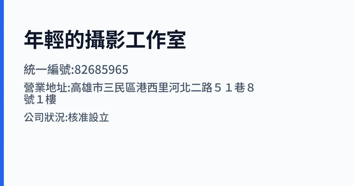 年輕的攝影工作室 - 統編 82685965(高雄市) 公司登記資料與營業項目詳細圖表