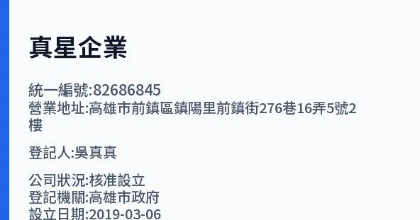 真星企業的照片-統編 82686845(高雄市) 公司登記資料與營業項目詳細圖表