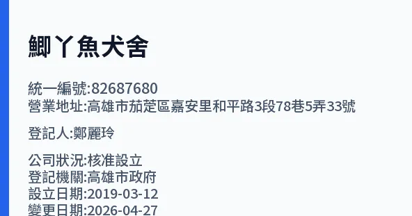 鯽丫魚犬舍的照片-統編 82687680(高雄市) 公司登記資料與營業項目詳細圖表