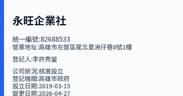 永旺企業社的照片-統編 82688533(高雄市) 公司登記資料與營業項目詳細圖表