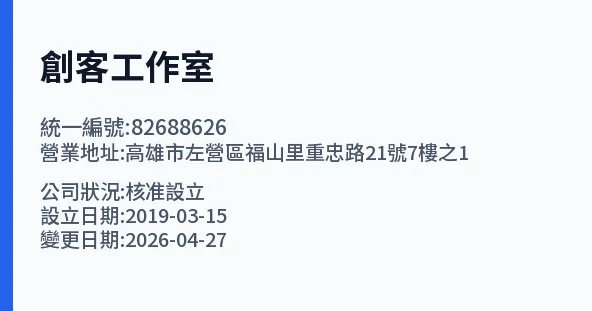 創客工作室的照片-統編 82688626(高雄市) 公司登記資料與營業項目詳細圖表