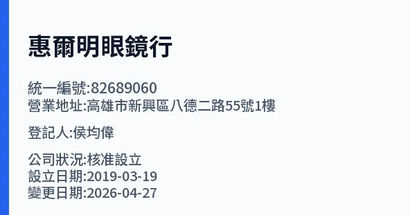 惠爾明眼鏡行的照片-統編 82689060(高雄市) 公司登記資料與營業項目詳細圖表