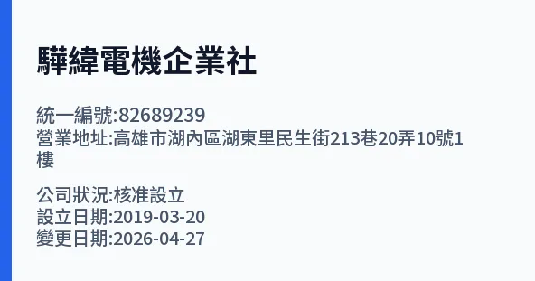 驊緯電機企業社的照片-統編 82689239(高雄市) 公司登記資料與營業項目詳細圖表