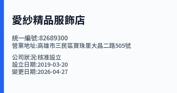 愛紗精品服飾店的照片-統編 82689300(高雄市) 公司登記資料與營業項目詳細圖表