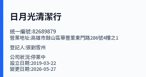 日月光清潔行的照片-統編 82689879(高雄市) 公司登記資料與營業項目詳細圖表