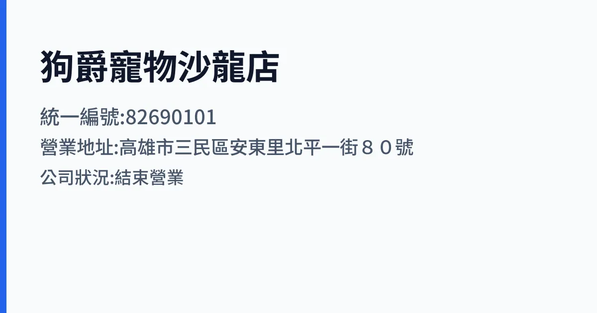 狗爵寵物沙龍店 - 統編 82690101(高雄市) 公司登記資料與營業項目詳細圖表