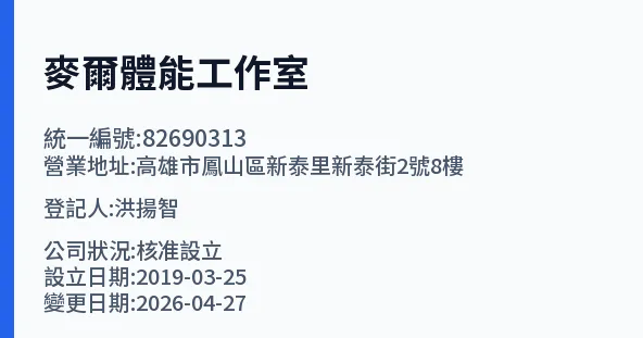 麥爾體能工作室的照片-統編 82690313(高雄市) 公司登記資料與營業項目詳細圖表