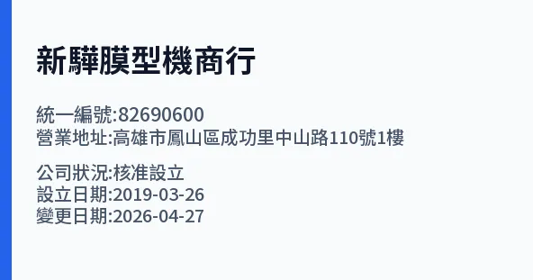 新驊膜型機商行的照片-統編 82690600(高雄市) 公司登記資料與營業項目詳細圖表