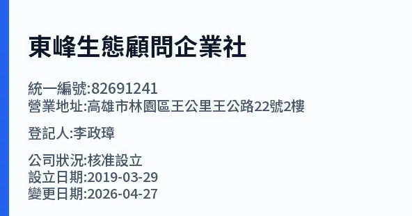 東峰生態顧問企業社的照片-統編 82691241(高雄市) 公司登記資料與營業項目詳細圖表