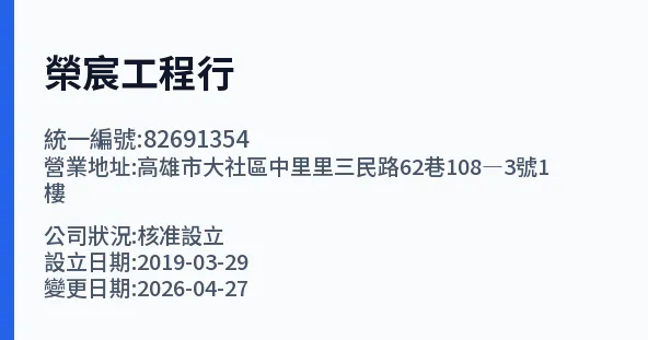 榮宸工程行的照片-統編 82691354(高雄市) 公司登記資料與營業項目詳細圖表