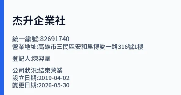 杰升企業社的照片-統編 82691740(高雄市) 公司登記資料與營業項目詳細圖表