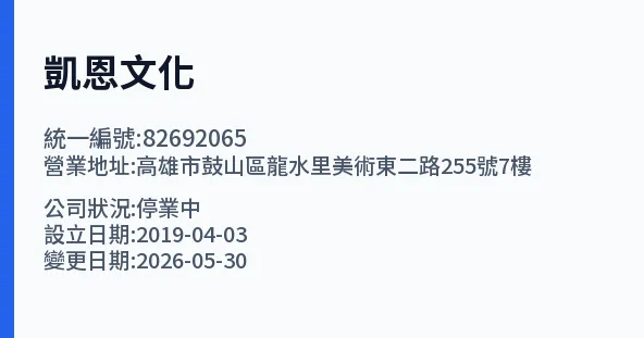 凱恩文化的照片-統編 82692065(高雄市) 公司登記資料與營業項目詳細圖表
