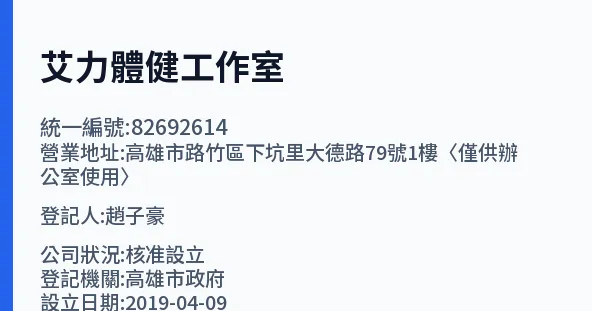 艾力體健工作室的照片-統編 82692614(高雄市) 公司登記資料與營業項目詳細圖表