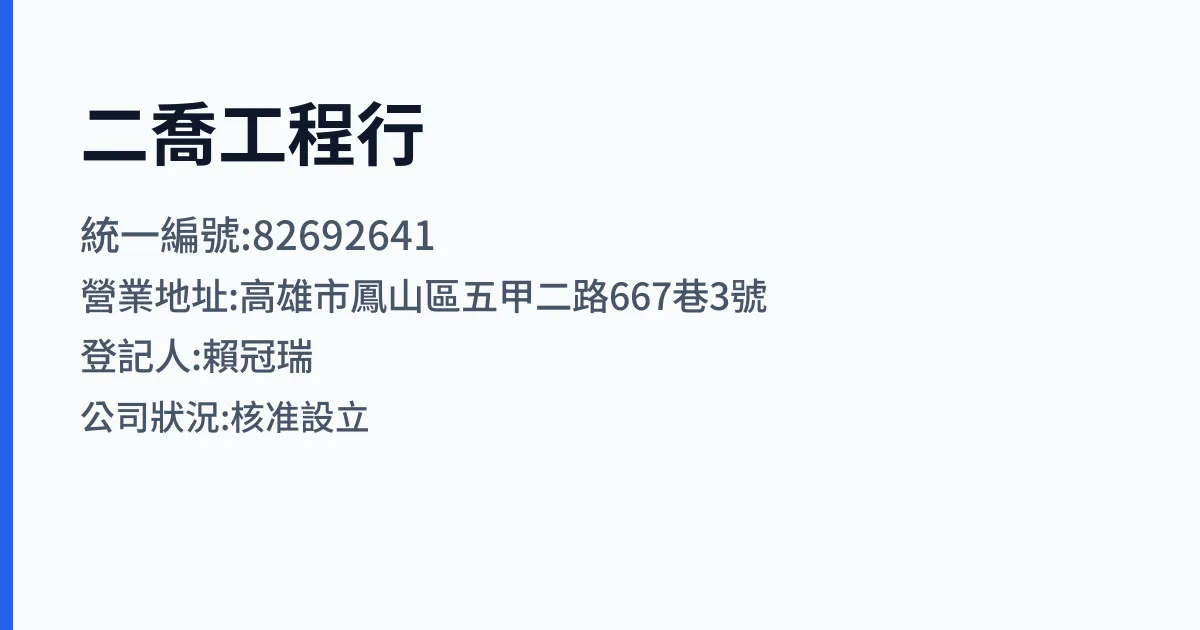 二喬工程行 - 統編 82692641(高雄市) 公司登記資料與營業項目詳細圖表