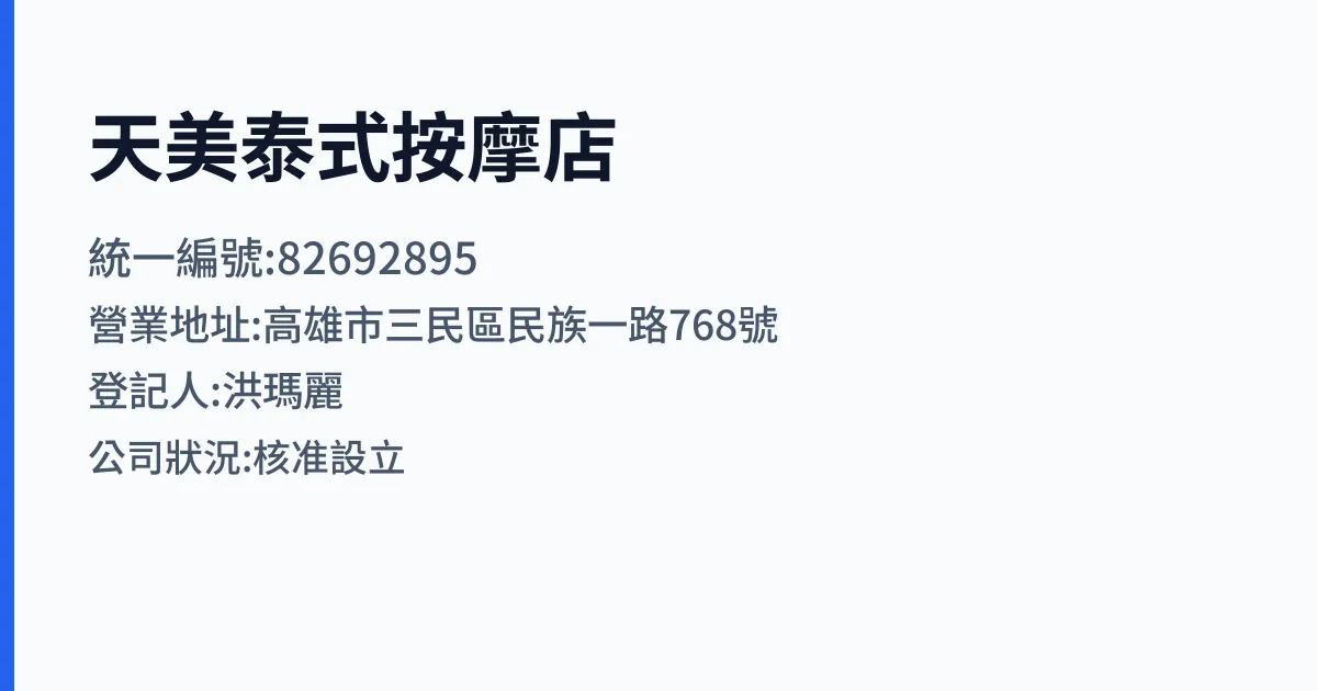 天美泰式按摩店 - 統編 82692895(高雄市) 公司登記資料與營業項目詳細圖表