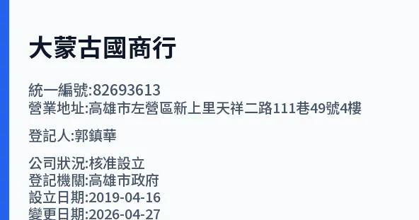 大蒙古國商行的照片-統編 82693613(高雄市) 公司登記資料與營業項目詳細圖表