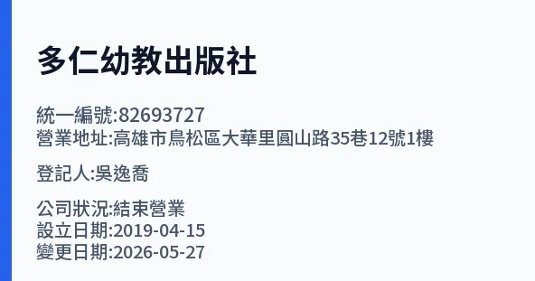 多仁幼教出版社的照片-統編 82693727(高雄市) 公司登記資料與營業項目詳細圖表