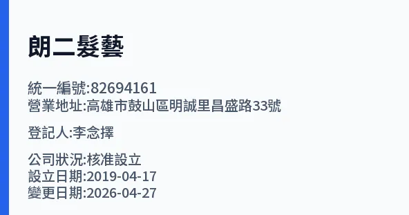 朗二髮藝的照片-統編 82694161(高雄市) 公司登記資料與營業項目詳細圖表