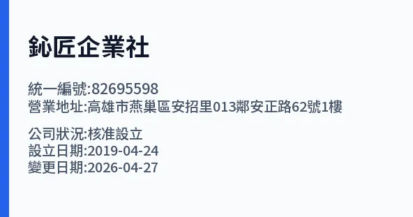 鈊匠企業社的照片-統編 82695598(高雄市) 公司登記資料與營業項目詳細圖表