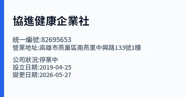 協進健康企業社的照片-統編 82695653(高雄市) 公司登記資料與營業項目詳細圖表