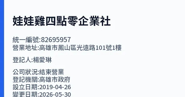 娃娃雞四點零企業社的照片-統編 82695957(高雄市) 公司登記資料與營業項目詳細圖表