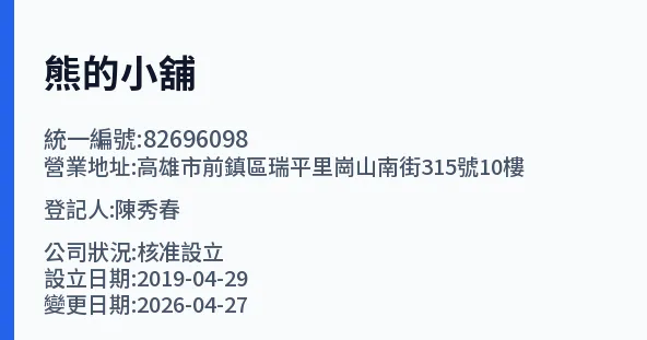 熊的小舖的照片-統編 82696098(高雄市) 公司登記資料與營業項目詳細圖表