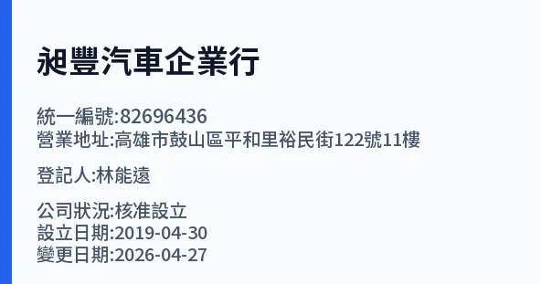 昶豐汽車企業行的照片-統編 82696436(高雄市) 公司登記資料與營業項目詳細圖表