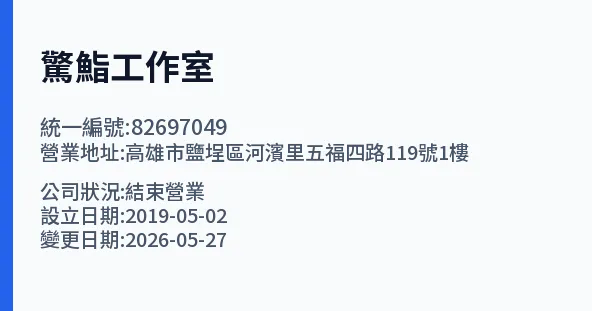 驚鮨工作室的照片-統編 82697049(高雄市) 公司登記資料與營業項目詳細圖表