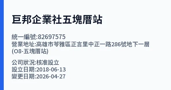 巨邦企業社五塊厝站的照片-統編 82697575(高雄市) 公司登記資料與營業項目詳細圖表