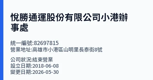 悅勝通運股份有限公司小港辦事處的照片-統編 82697815(高雄市) 公司登記資料與營業項目詳細圖表