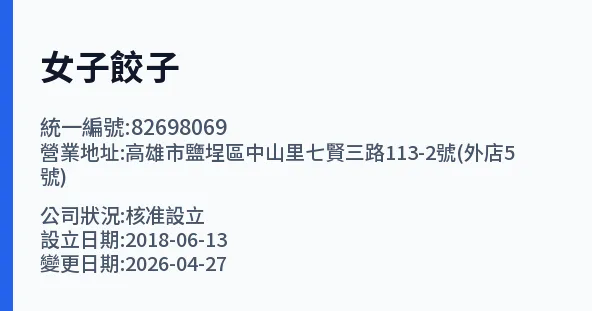 女子餃子的照片-統編 82698069(高雄市) 公司登記資料與營業項目詳細圖表