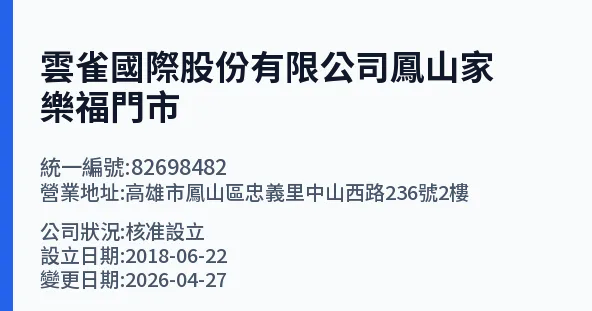 雲雀國際股份有限公司鳳山家樂福門市的照片-統編 82698482(高雄市) 公司登記資料與營業項目詳細圖表
