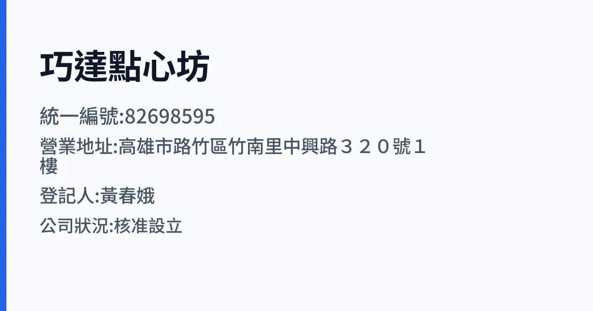 巧達點心坊 - 統編 82698595(高雄市) 公司登記資料與營業項目詳細圖表