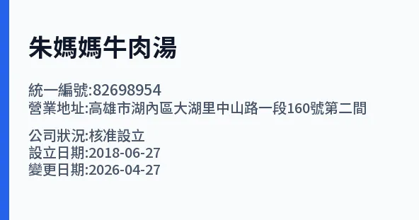 朱媽媽牛肉湯的照片-統編 82698954(高雄市) 公司登記資料與營業項目詳細圖表