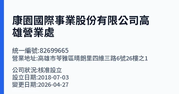康園國際事業股份有限公司高雄營業處的照片-統編 82699665(高雄市) 公司登記資料與營業項目詳細圖表