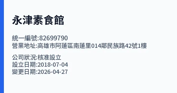 永津素食館的照片-統編 82699790(高雄市) 公司登記資料與營業項目詳細圖表