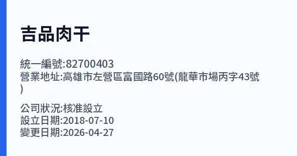 吉品肉干的照片-統編 82700403(高雄市) 公司登記資料與營業項目詳細圖表