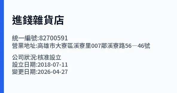 進錢雜貨店的照片-統編 82700591(高雄市) 公司登記資料與營業項目詳細圖表