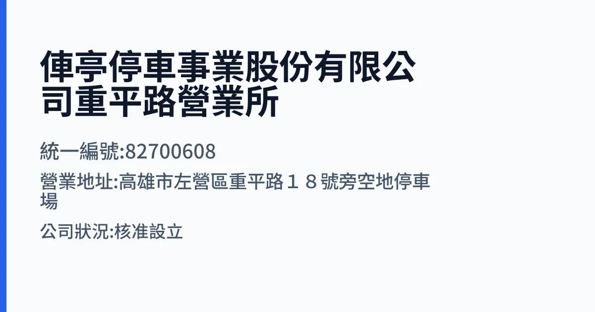 俥亭停車事業股份有限公司重平路營業所 - 統編 82700608(高雄市) 公司登記資料與營業項目詳細圖表