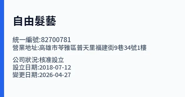 自由髮藝的照片-統編 82700781(高雄市) 公司登記資料與營業項目詳細圖表