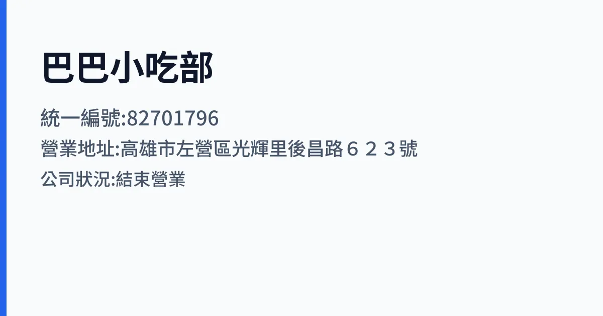 巴巴小吃部 - 統編 82701796(高雄市) 公司登記資料與營業項目詳細圖表